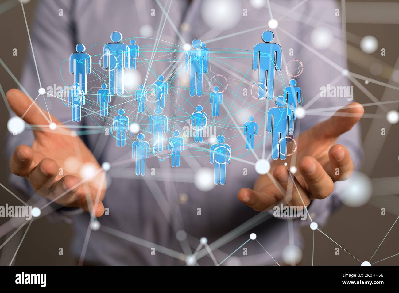 A 3d rendering of floating human figures above hands - global network ...