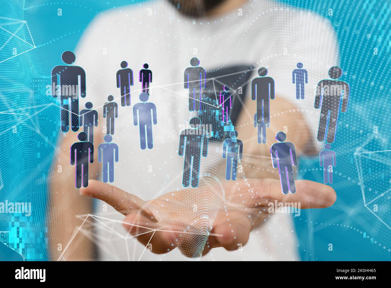 A 3D rendering of a man holding a floating group of blue people icons ...