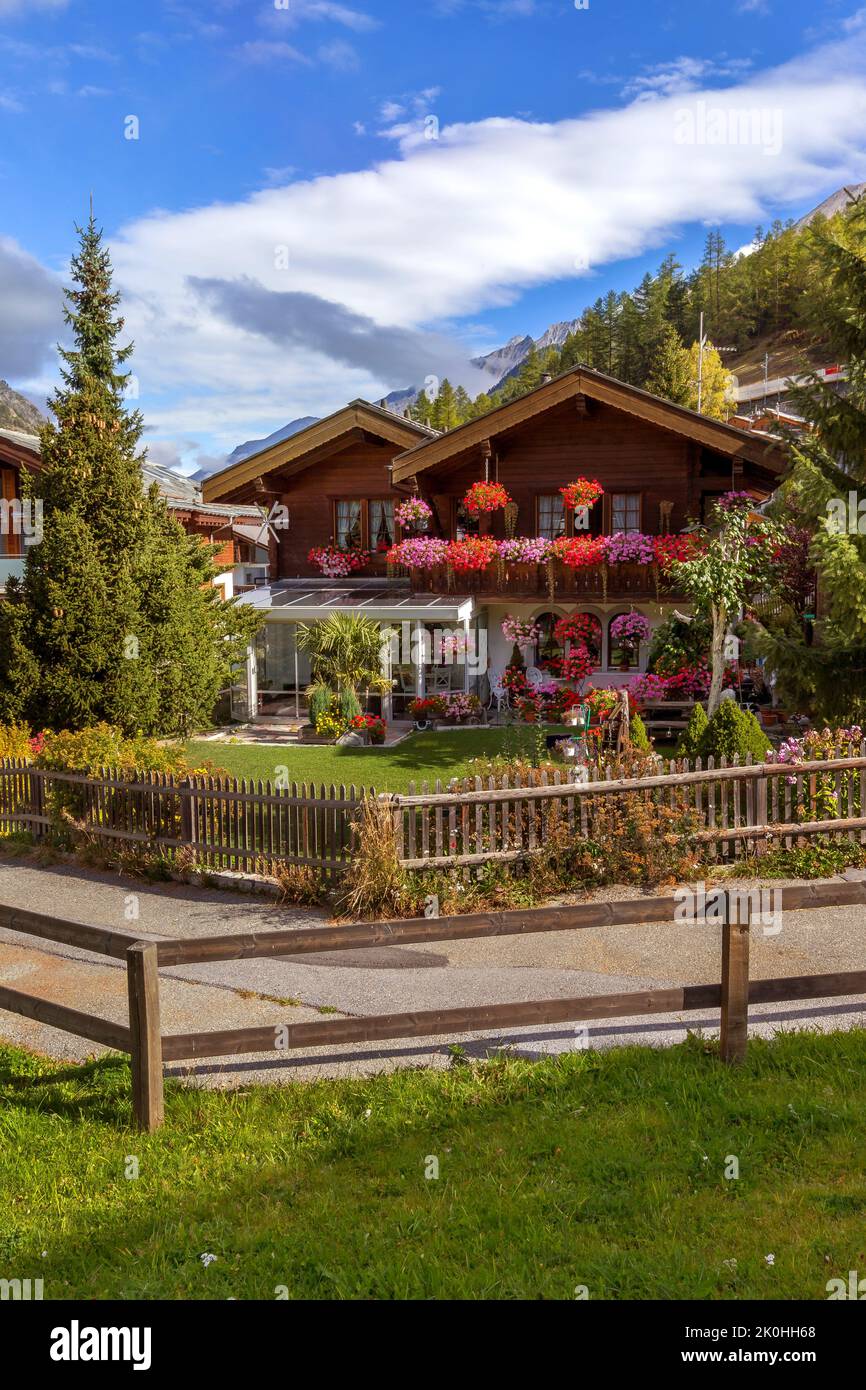 Traditional wooden alpine chalet with geranium flowers on the window in summer, Zermatt alpine ...