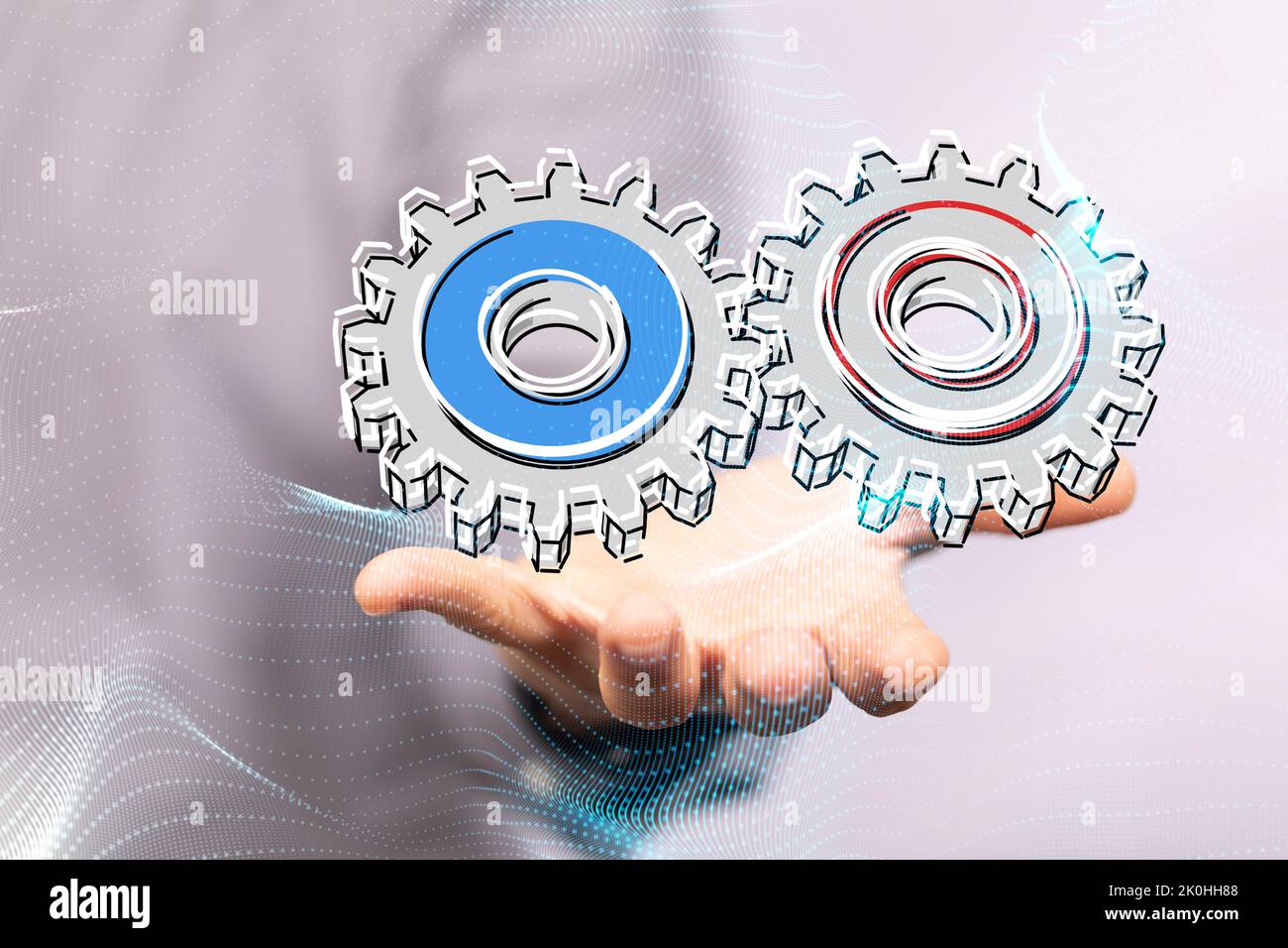 A businessman hand showing 3D rendered digital data visualization icons ...