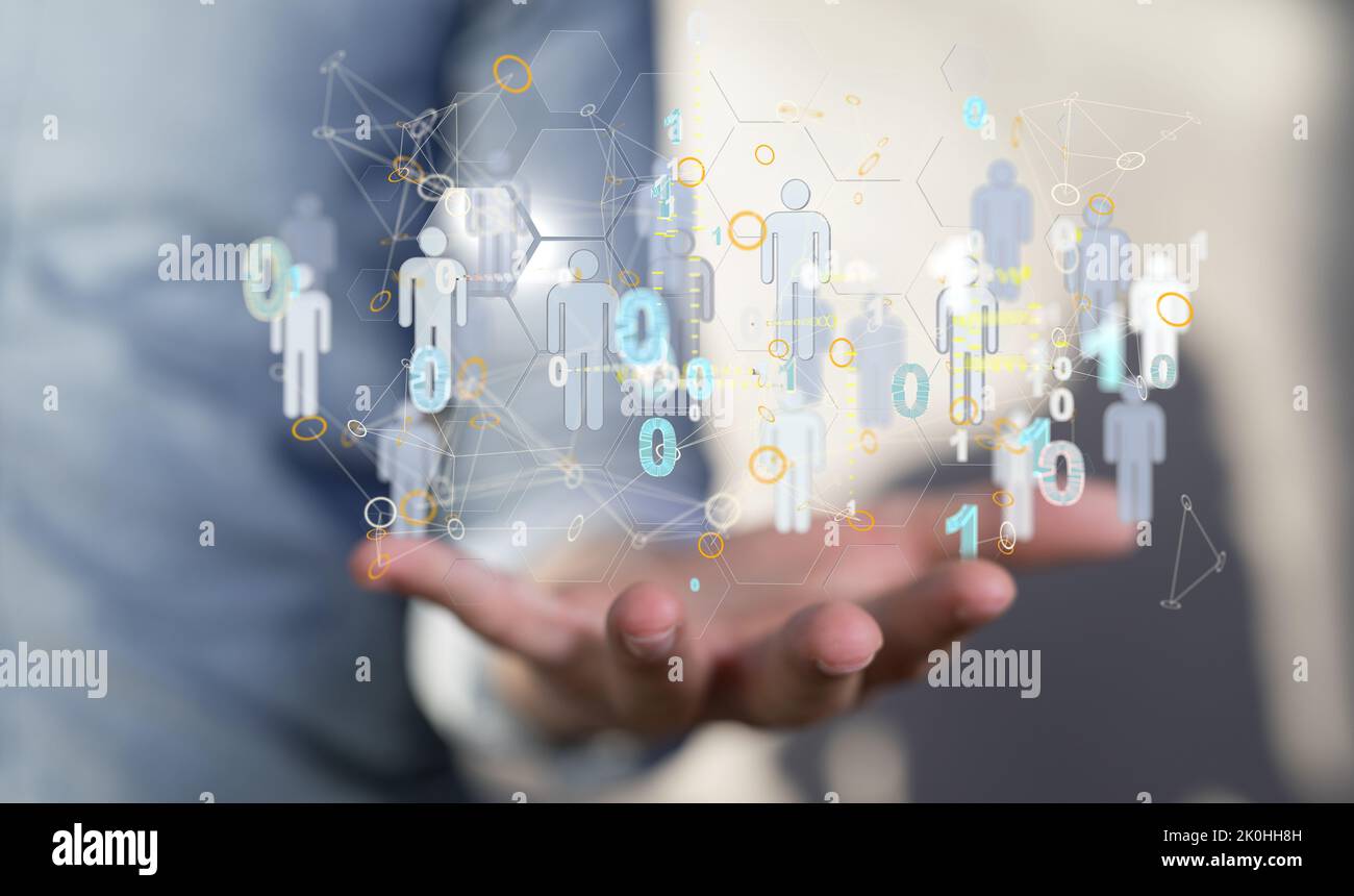 A businessman showing 3D rendered user icons in cyberspace floating on the palm of his hand ...