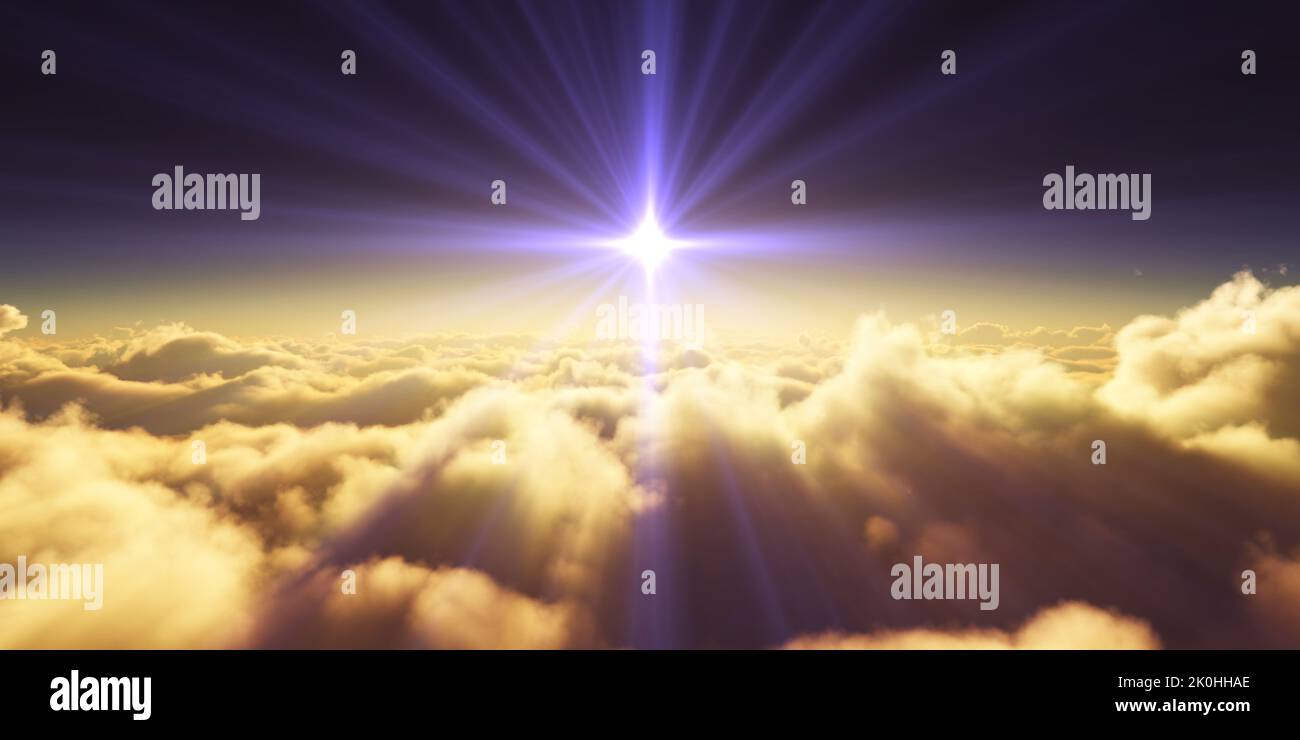 above clouds sunrise sun ray illustration, 3d rendering Stock Photo - Alamy