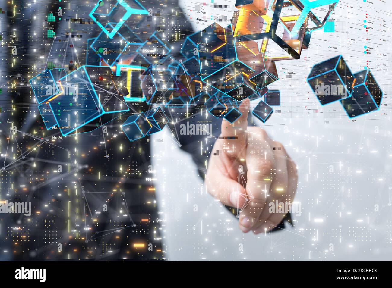 The person's hand pointing at the hovering hologram cubes. Abstract ...