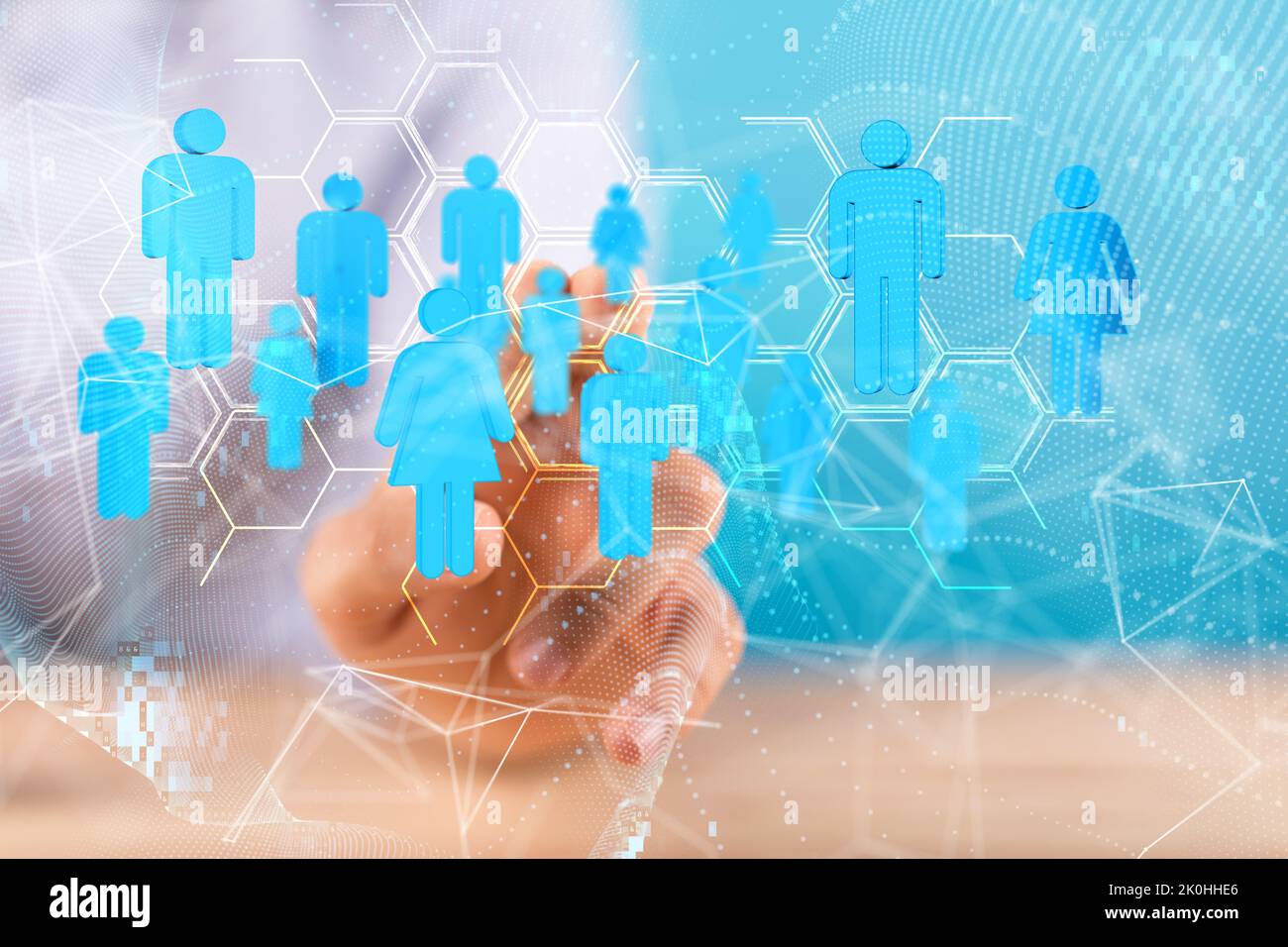 The hand pointing at the hovering people icons. Human resources concept ...