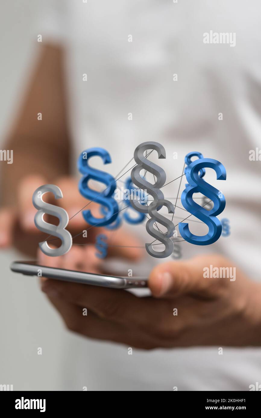 The 3D rendered paragraph signs floating on the screen of a smartphone ...