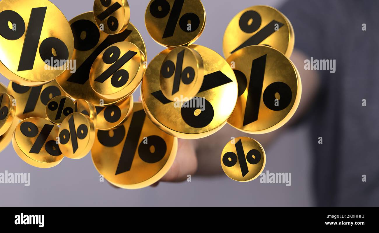 Male hand touching golden sales icons, 3D rendering Stock Photo - Alamy