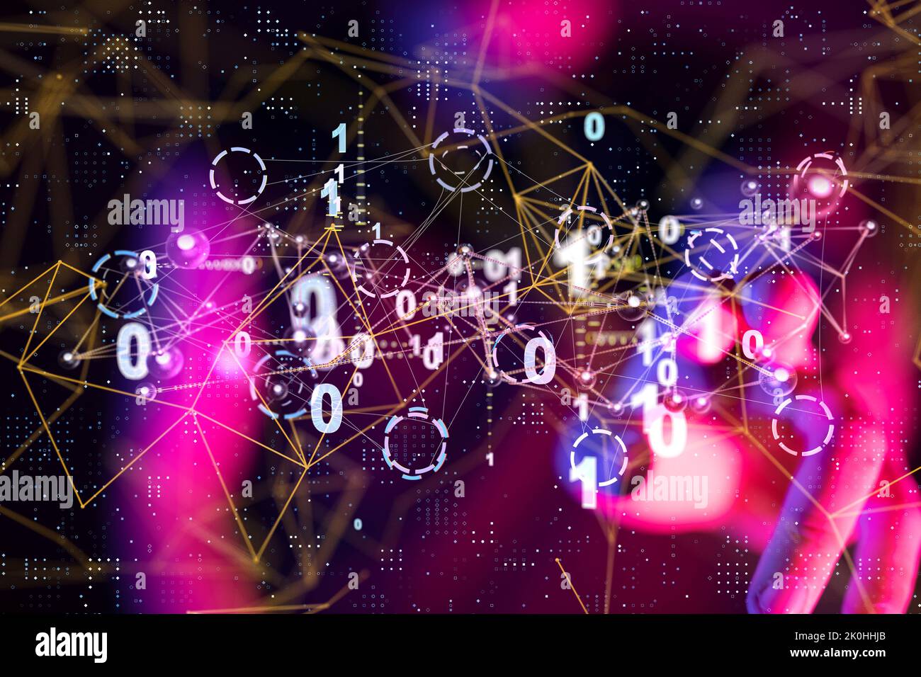 a man pointing to a numerical hologram graph web with a blurry ...