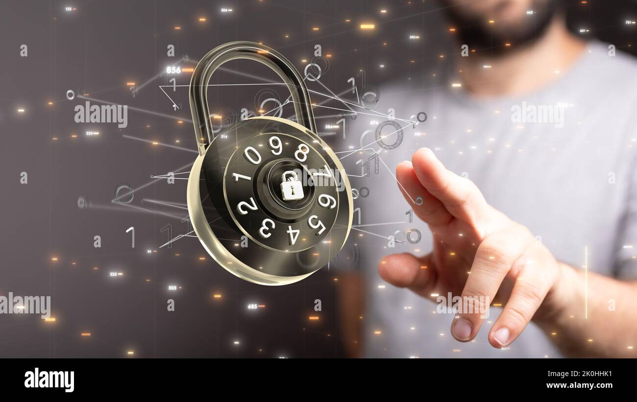 A person pointing to a 3D rendered lock hologram floating in a ...