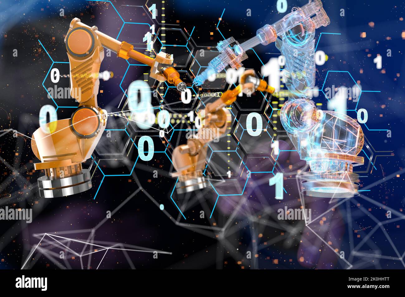 The 3d holographic robot arms hovering in the air with binary numbers ... The 3d holographic robot arms hovering in the air with binary numbers ...