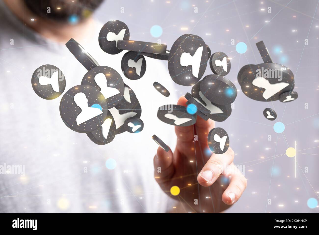 A finger pointing on 3d floating people icons - a concept of networking, HR, communication Stock ...