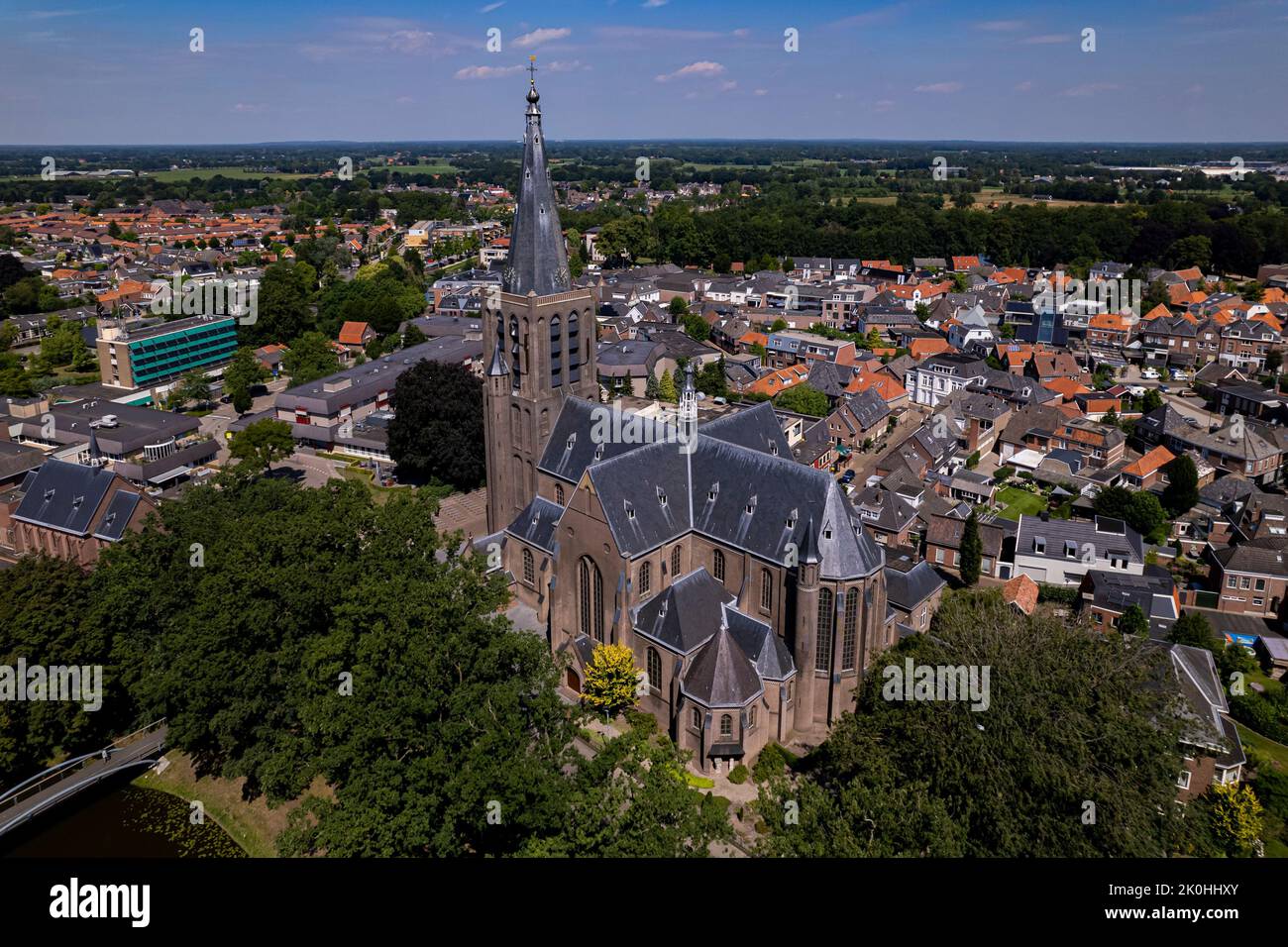 Panorama and aerial view showing historic Dutch city Groenlo with church Saint Calixtusbasiliek ...