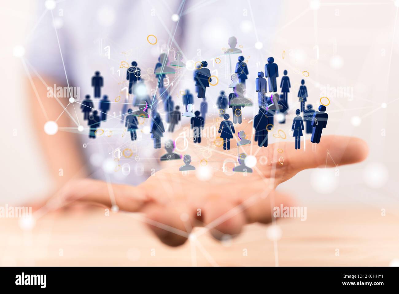 3d floating people icons and binary code over a hand - a concept of networking, HR ...