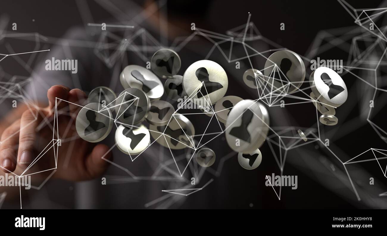 A finger pointing on 3d floating people icons - a concept of networking, HR, communication Stock ...
