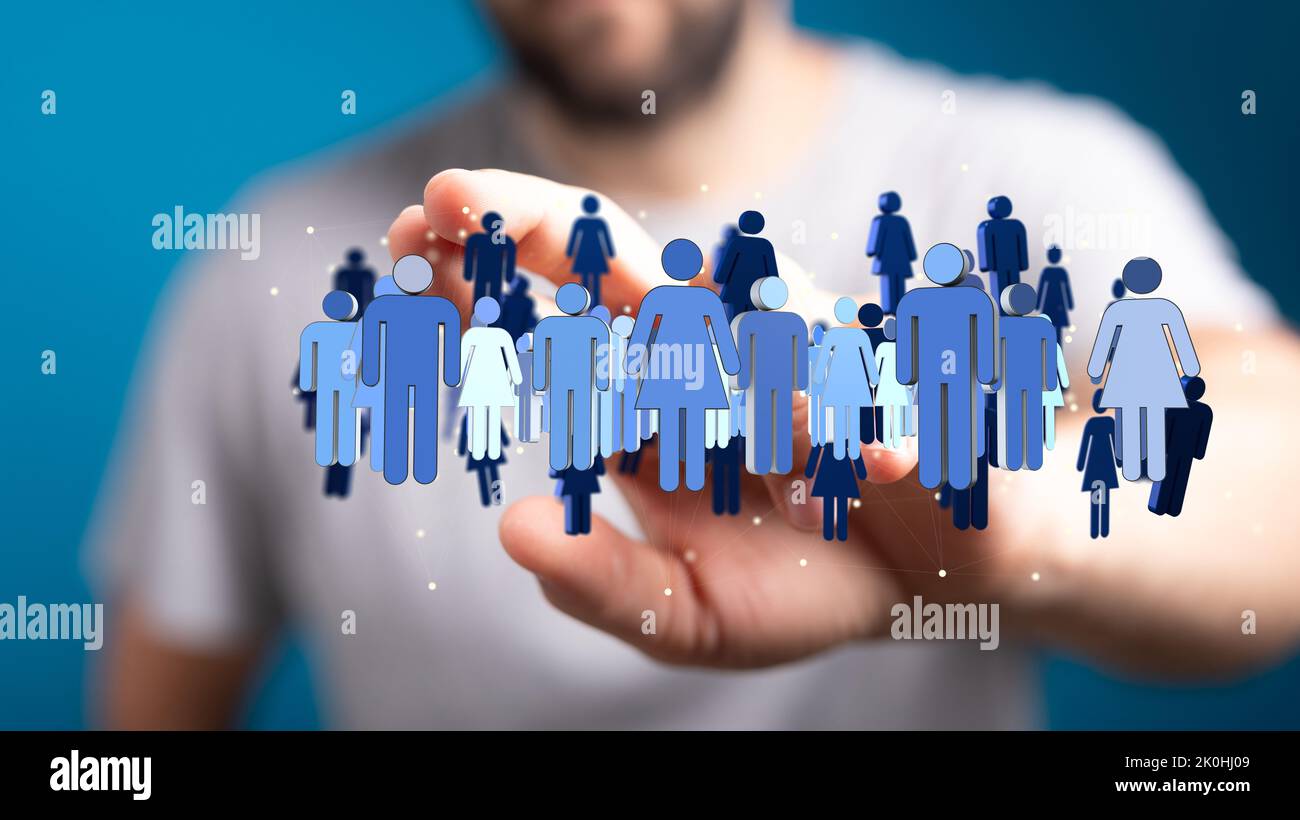A finger pointing on 3d floating people icons - a concept of networking ...