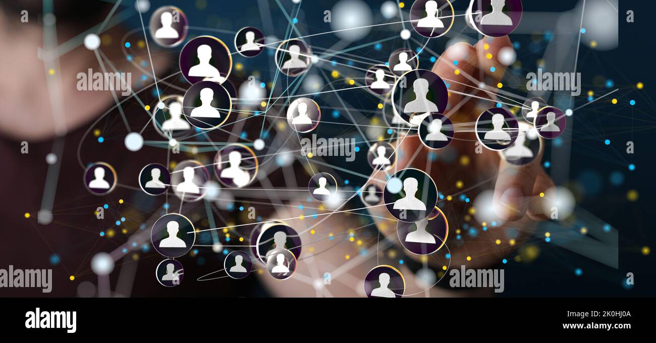 A finger pointing on 3d floating connected people icons - a concept of networking, HR ...