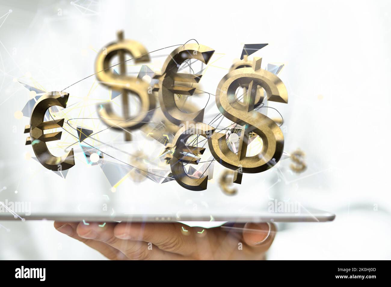 A businessman presenting a 3D render hologram of different money ...