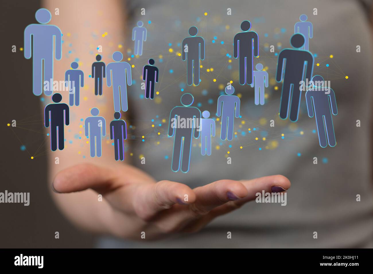3d floating people icons over a hand - a concept of networking, HR ...