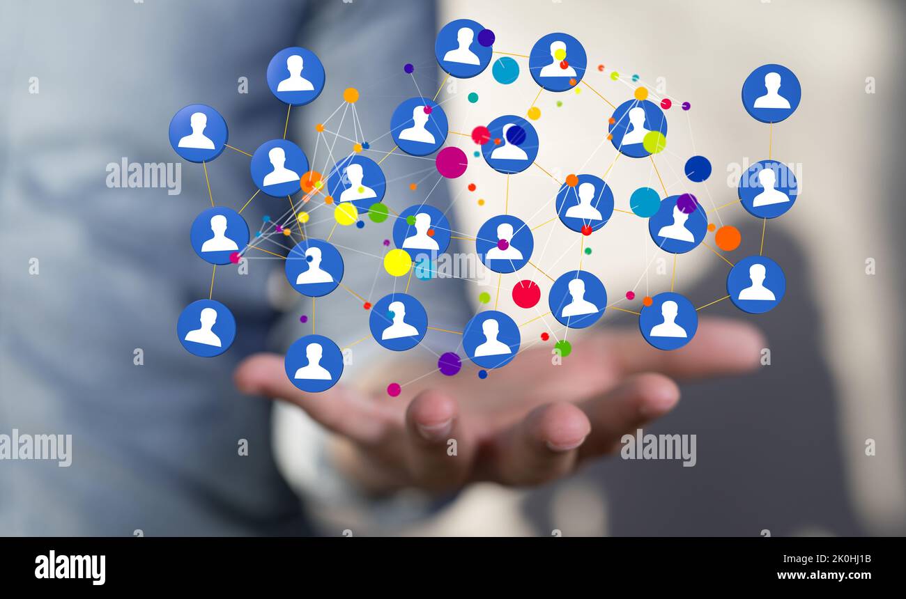 3d floating people icons over a hand - a concept of networking, HR ...
