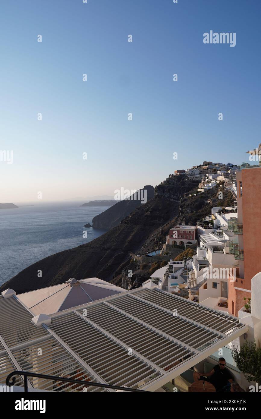 A scenic view of the buildings on the cliffs in the city of Santorini ...