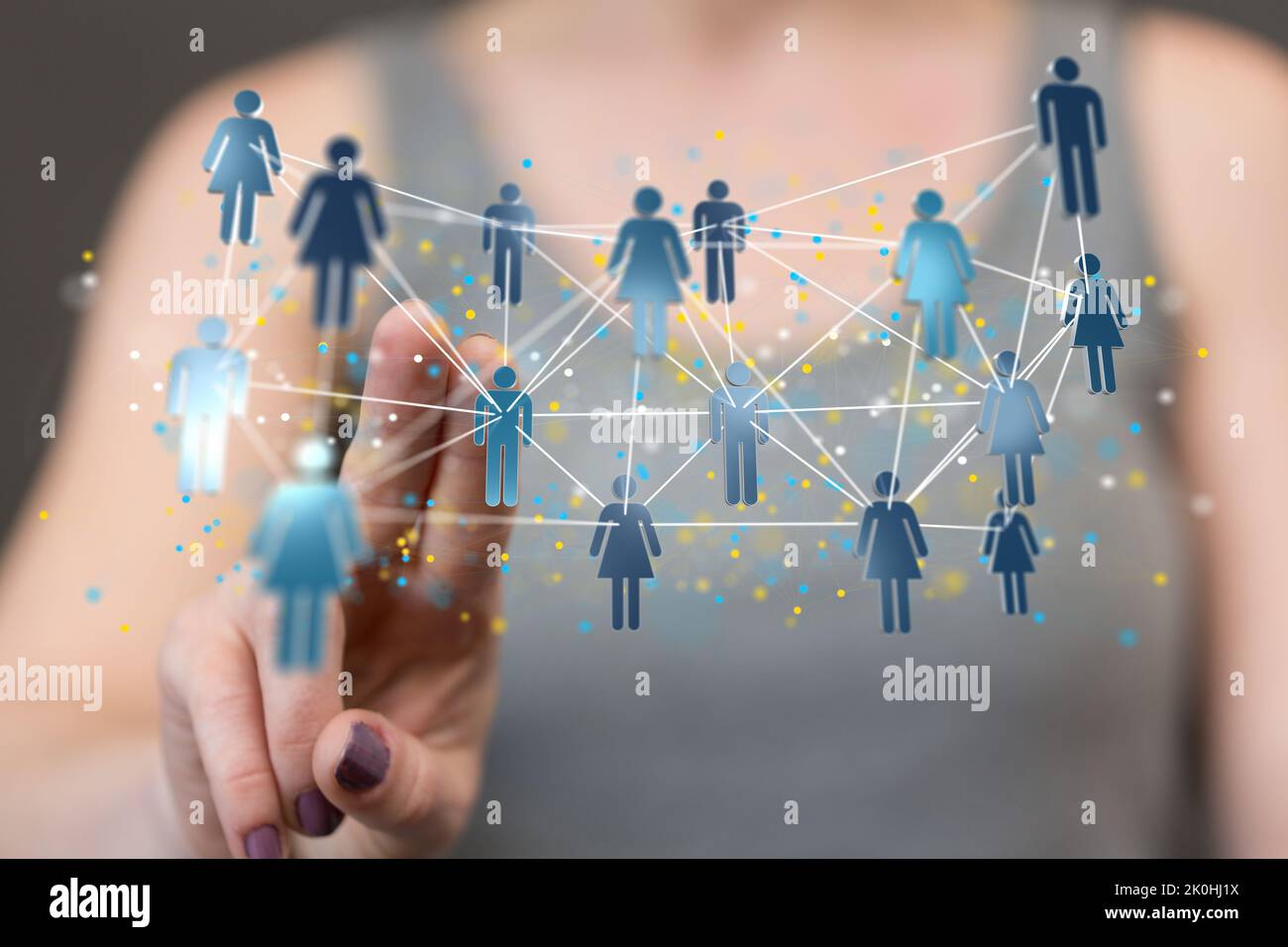 A finger pointing on 3d floating connected people icons - a concept of networking, HR ...