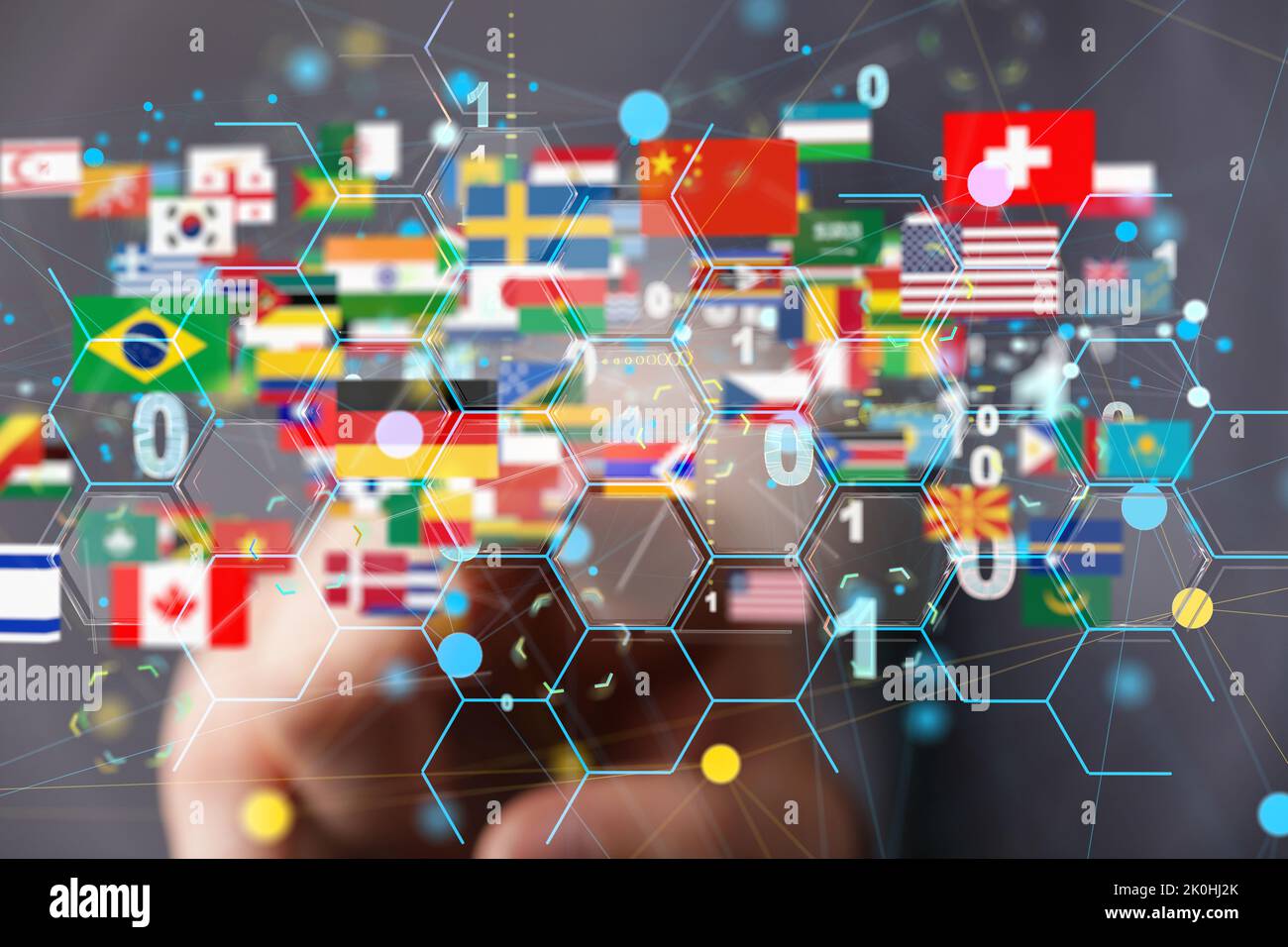 3d floating icons of countries' flags and binary code over a hand - a ...
