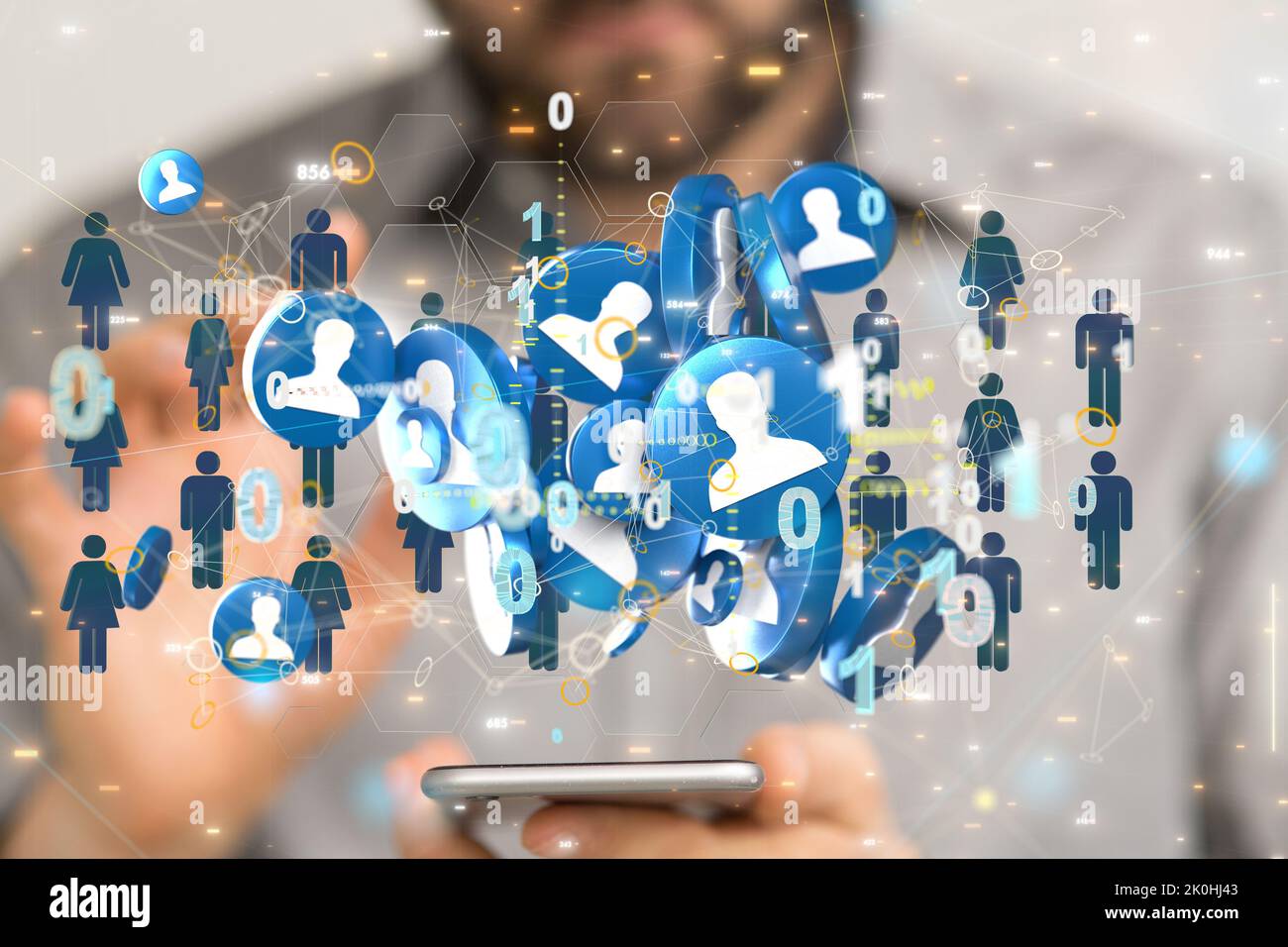 3d floating people icons coming out of a mobile screen - a concept of ...