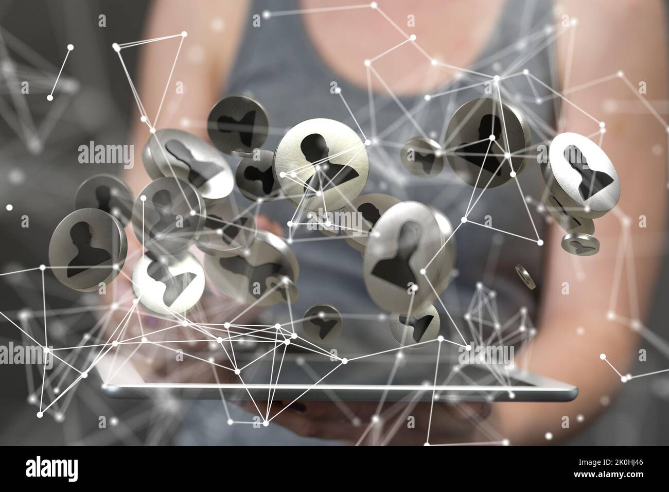 3d floating people icons coming out of a mobile screen - a concept of ...