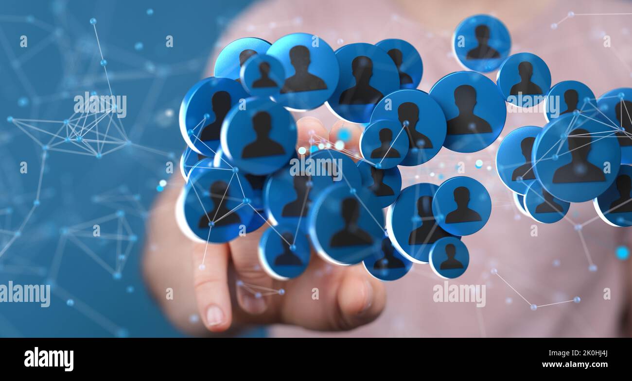 A finger pointing on 3d floating people icons - a concept of networking, HR, communication Stock ...