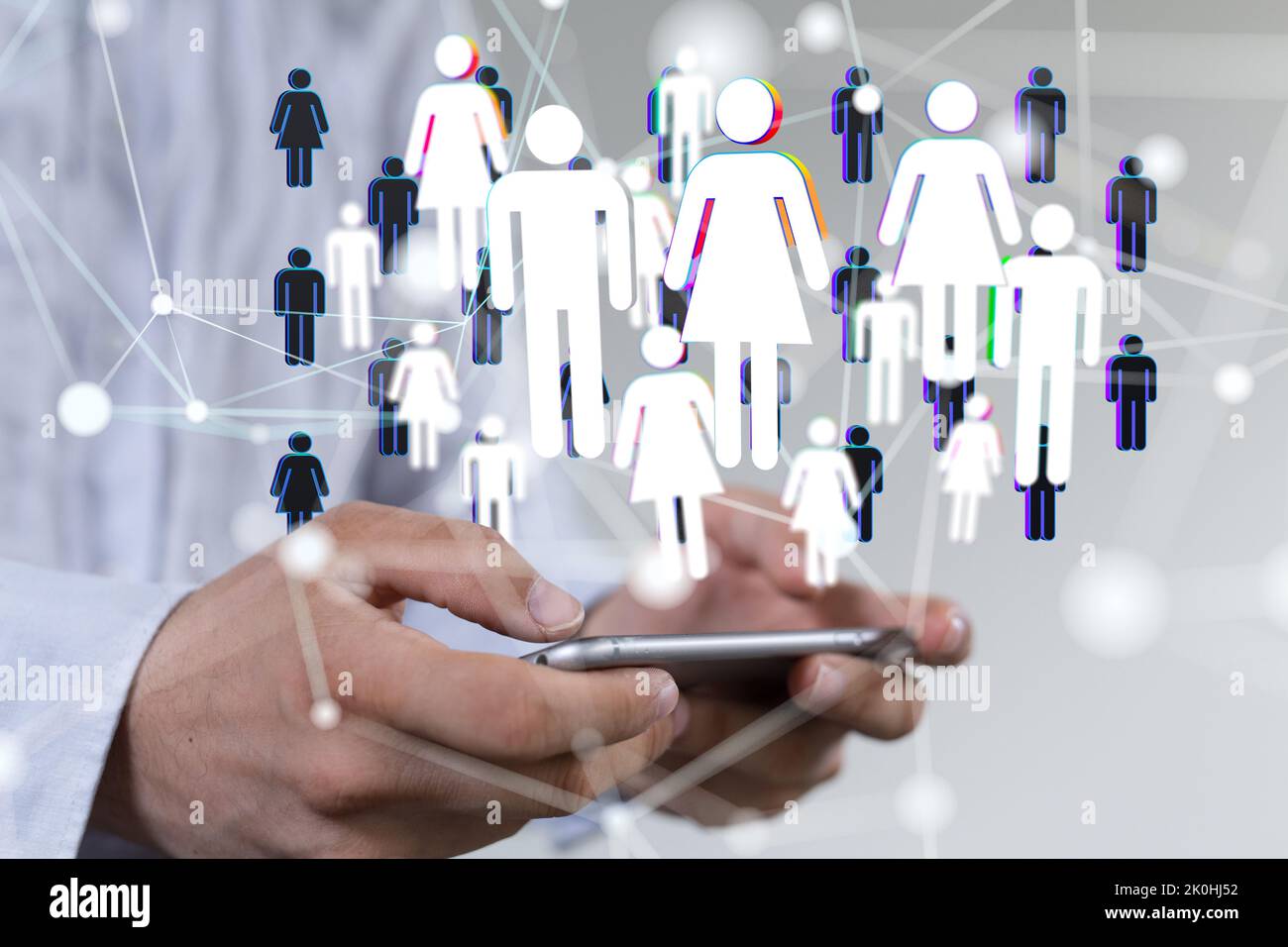 3d floating people icons coming out of a mobile screen - a concept of ...