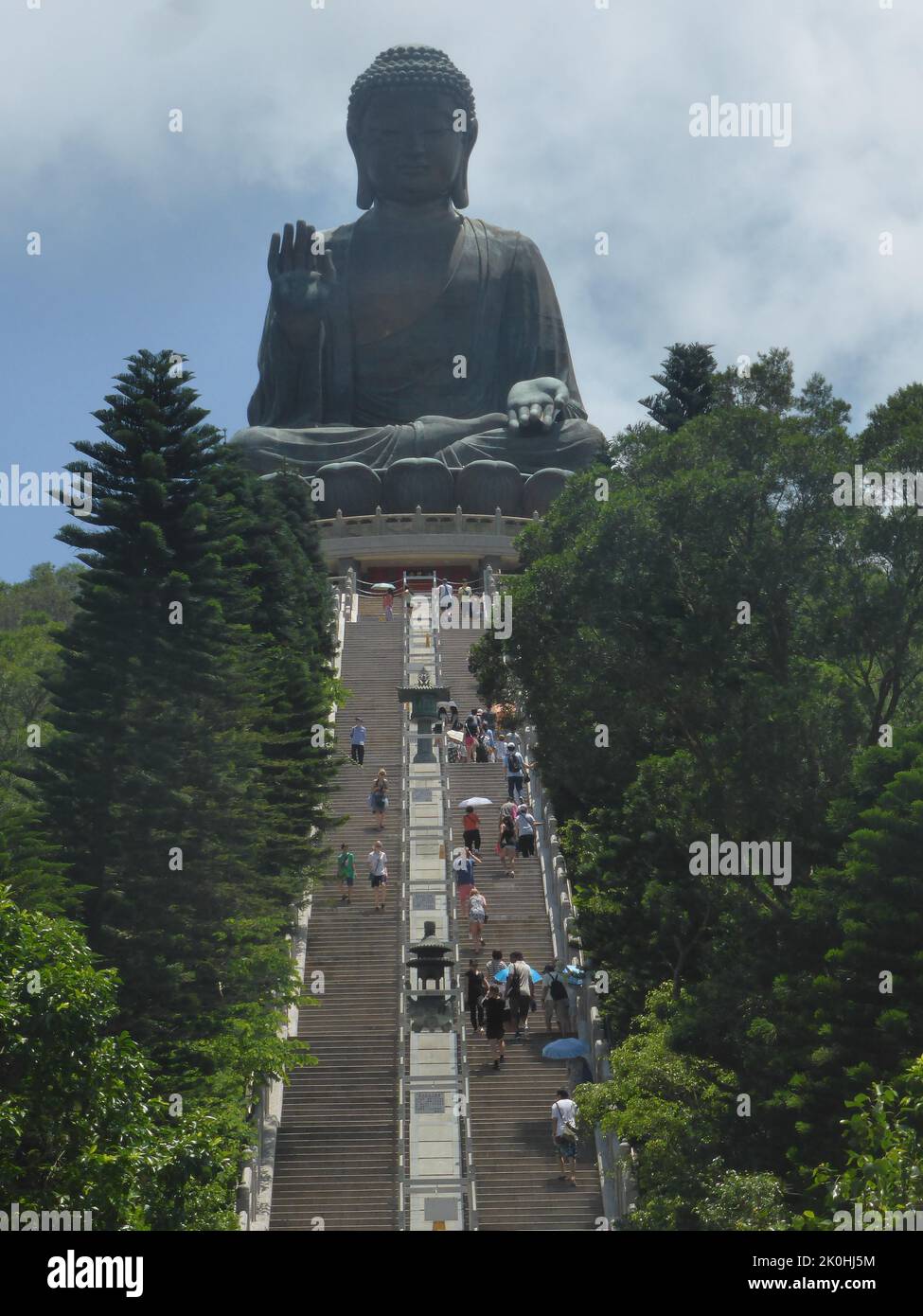 steps leading up to big buddha with beautiful trees at either side ...