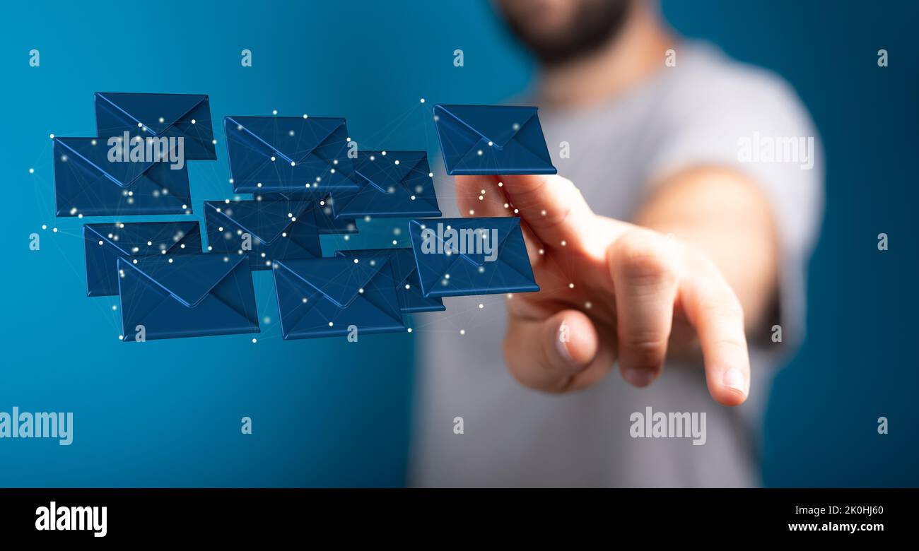 A finger pointing to 3d floating massage envelop icons - a concept of ...
