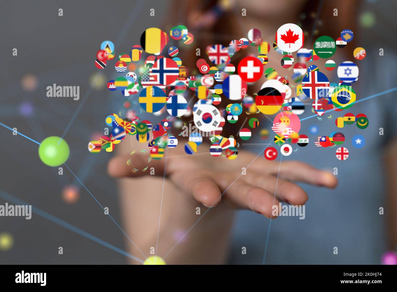 3d floating icons of countries' flags over a hand - a concept of global ...