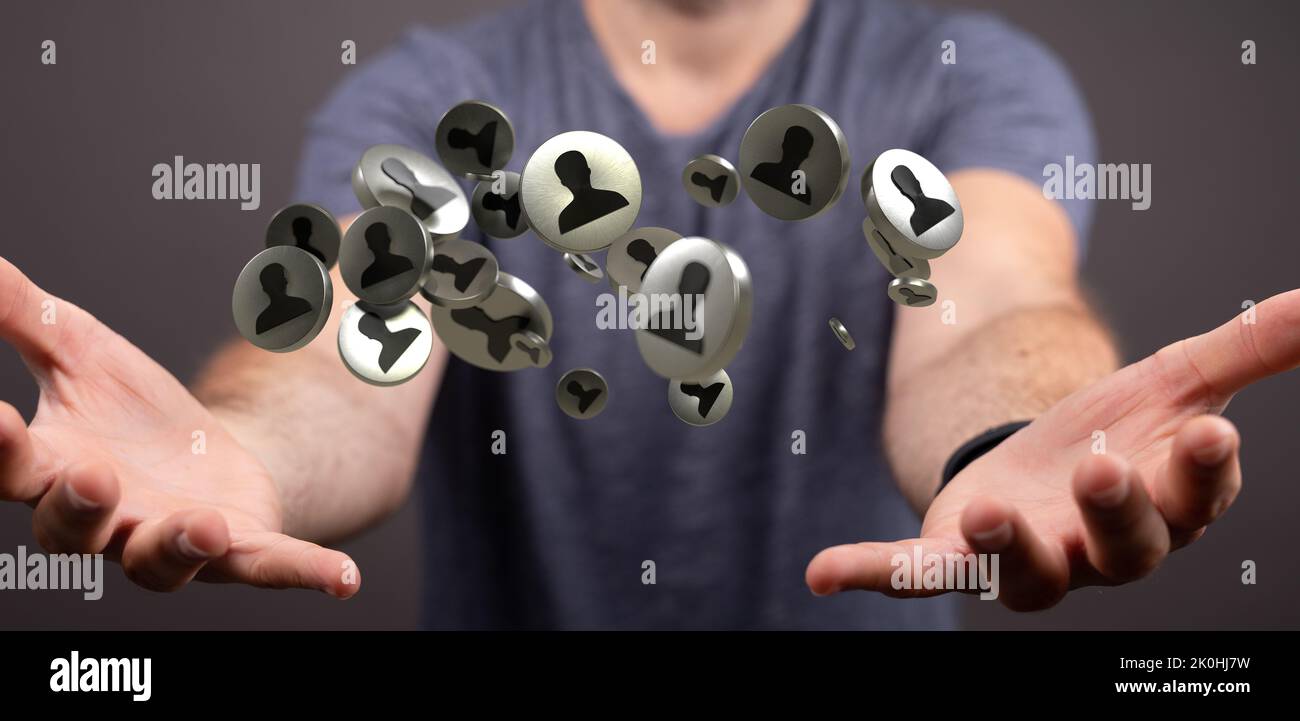 3d floating people icons between hands - a concept of networking, HR ...