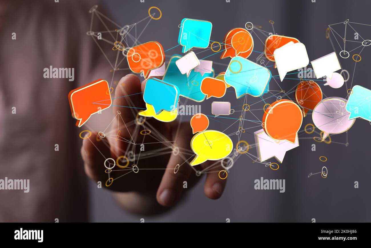 A finger pointing to 3d floating massage icons - a concept of connection, networking Stock Photo ...