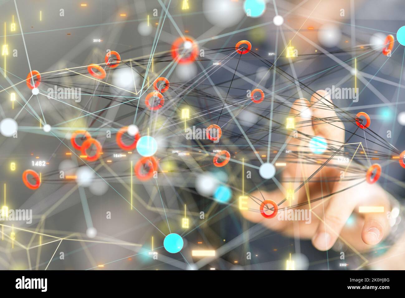 A finger pointing at digitally connected lines isolated on blurred ...