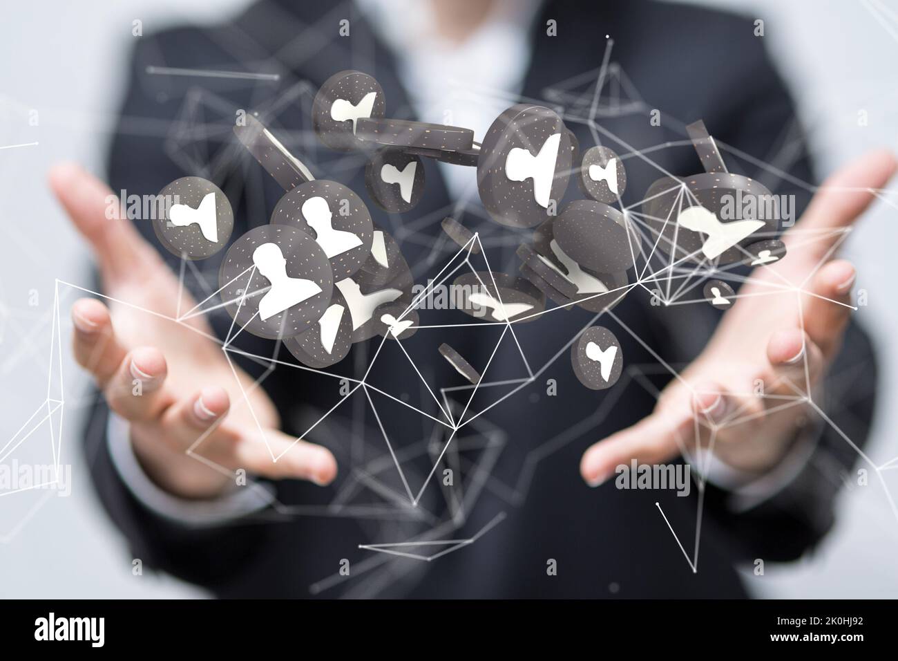 3d floating people icons between hands - a concept of networking, HR ...