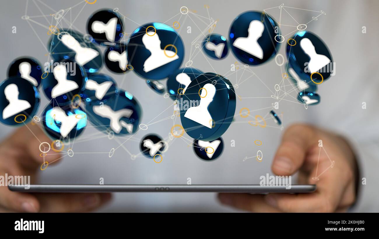 Blue icons of people linked together Stock Photo - Alamy