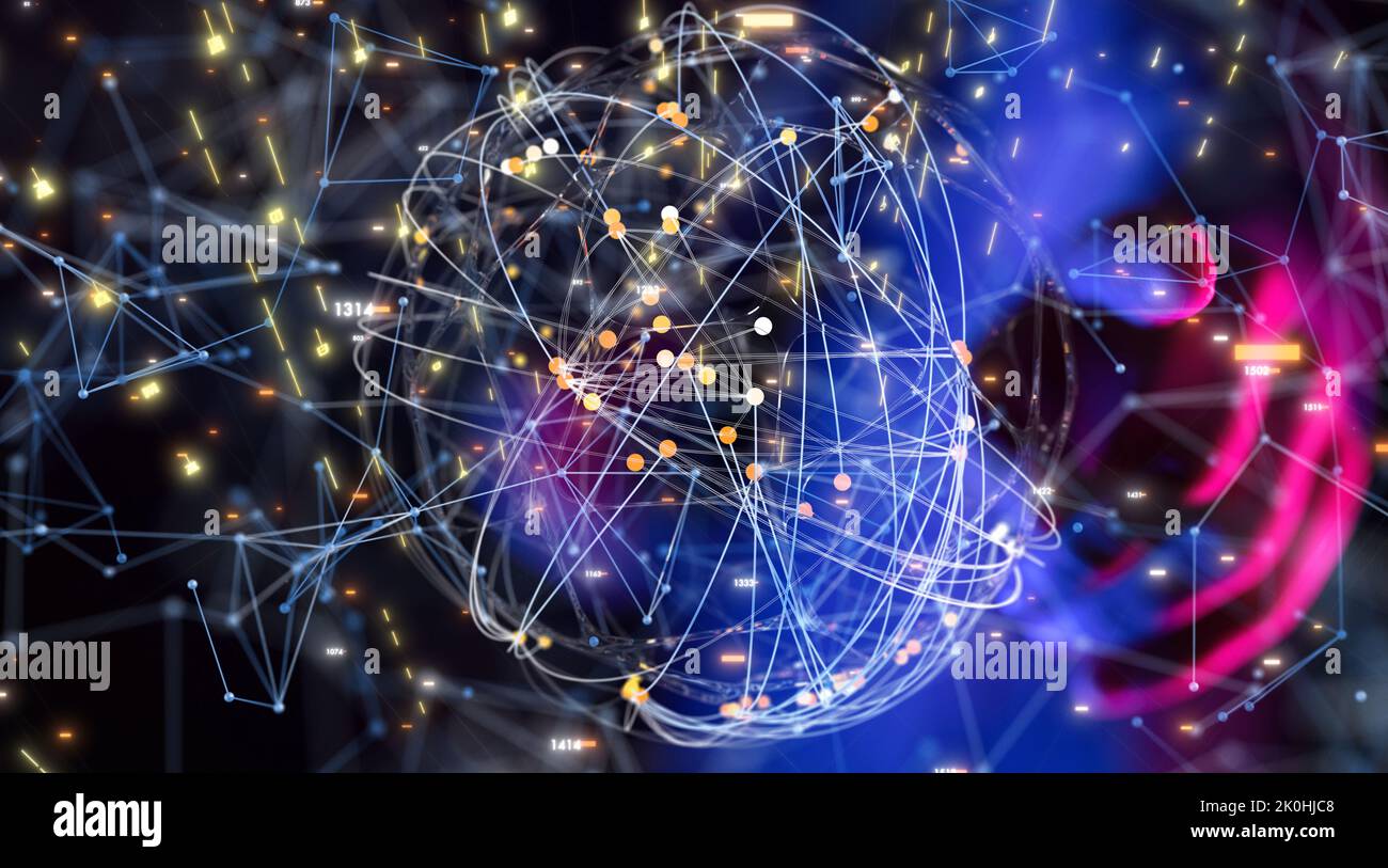 A model of global networks and blockchain connection lines pointed by a ...