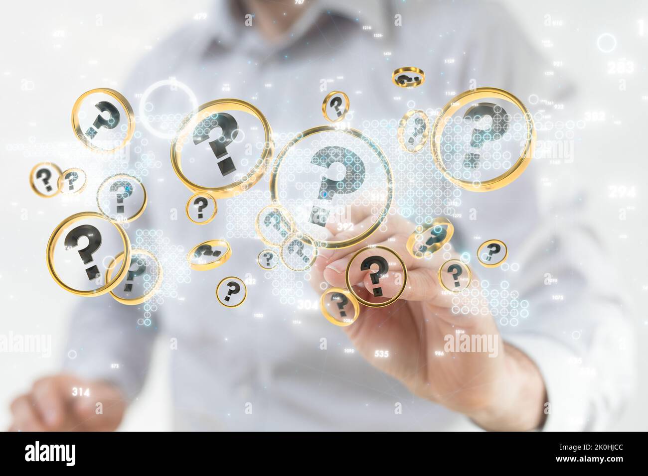 An illustration of a group of question marks in circles floating with a man in the background ...