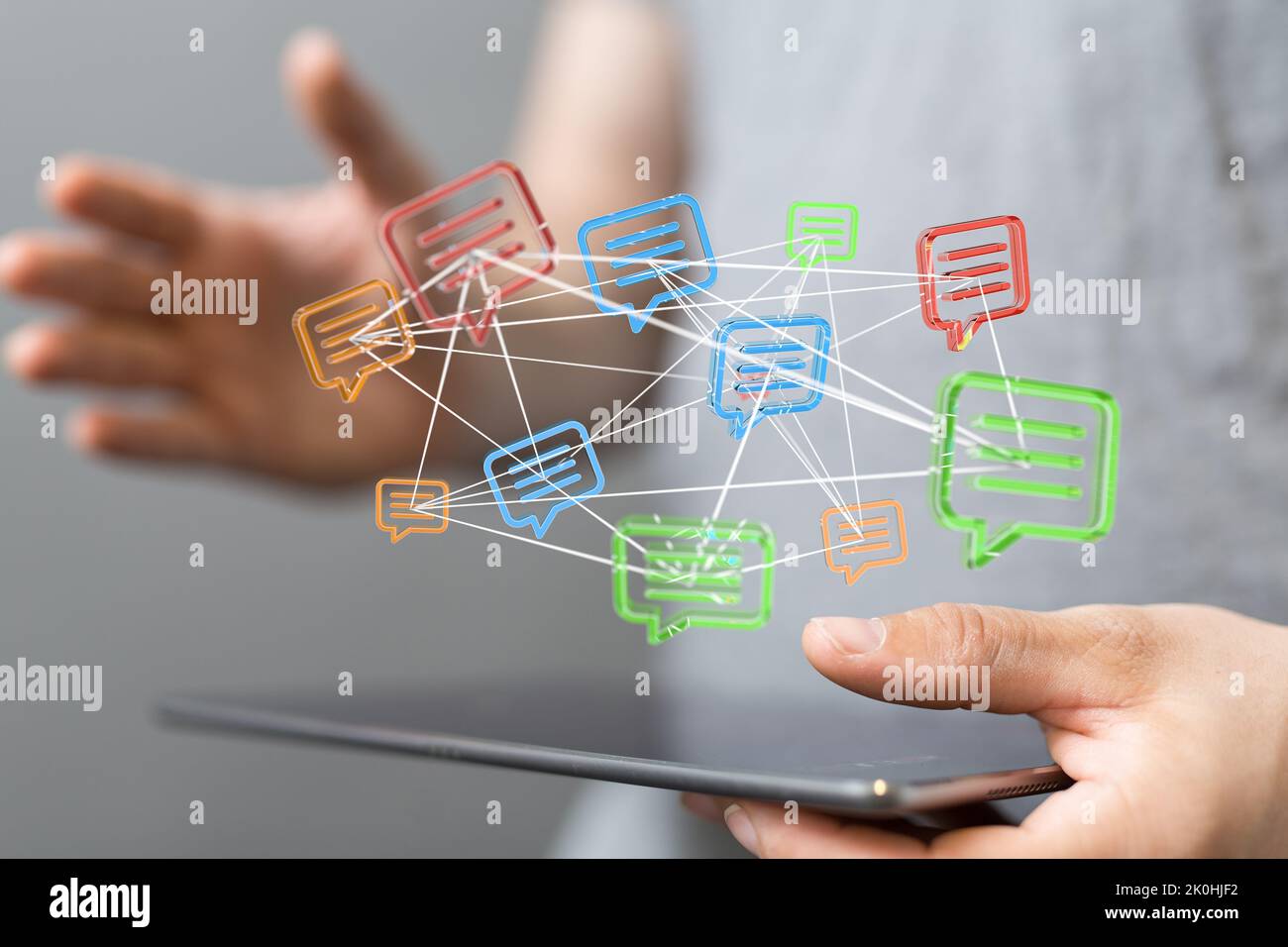 A group of illustrative message symbols floating on a mobile screen in ...