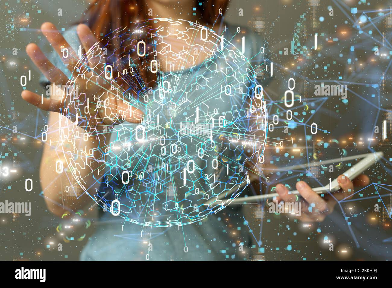 The hand getting through the digital network coming out of a tablet ...