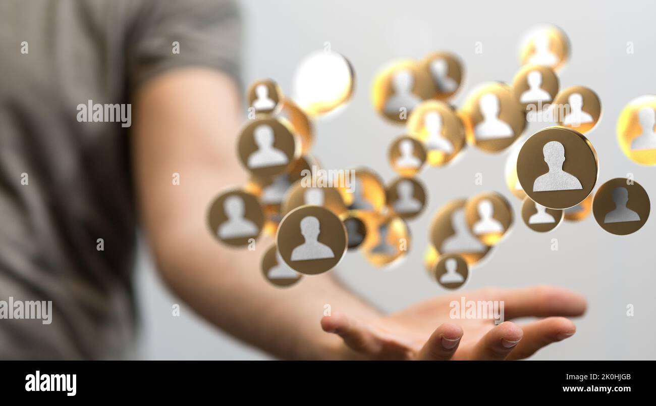 Some icons of people linked together hovering above mans hand Stock ...