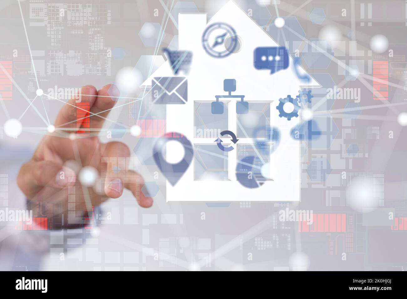 A hand pointing to an illustrative symbol of a large database Stock ...