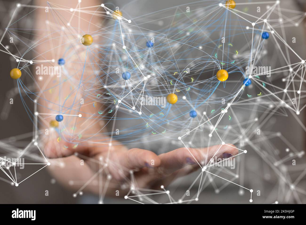 A 3d digital illustration of floating connected particles over a hand ...