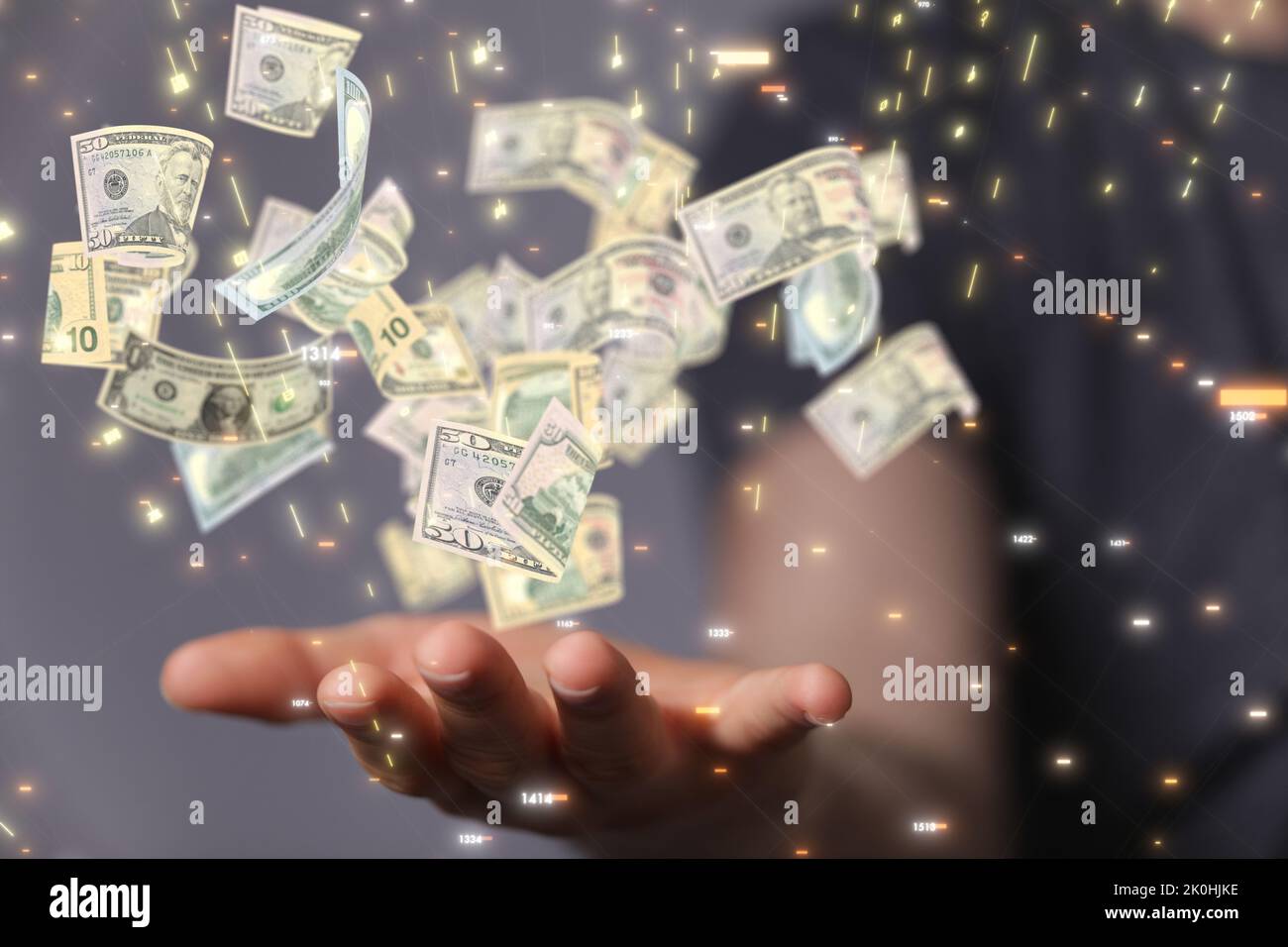 A 3d digital illustration of floating dollar bills over a hand Stock ...