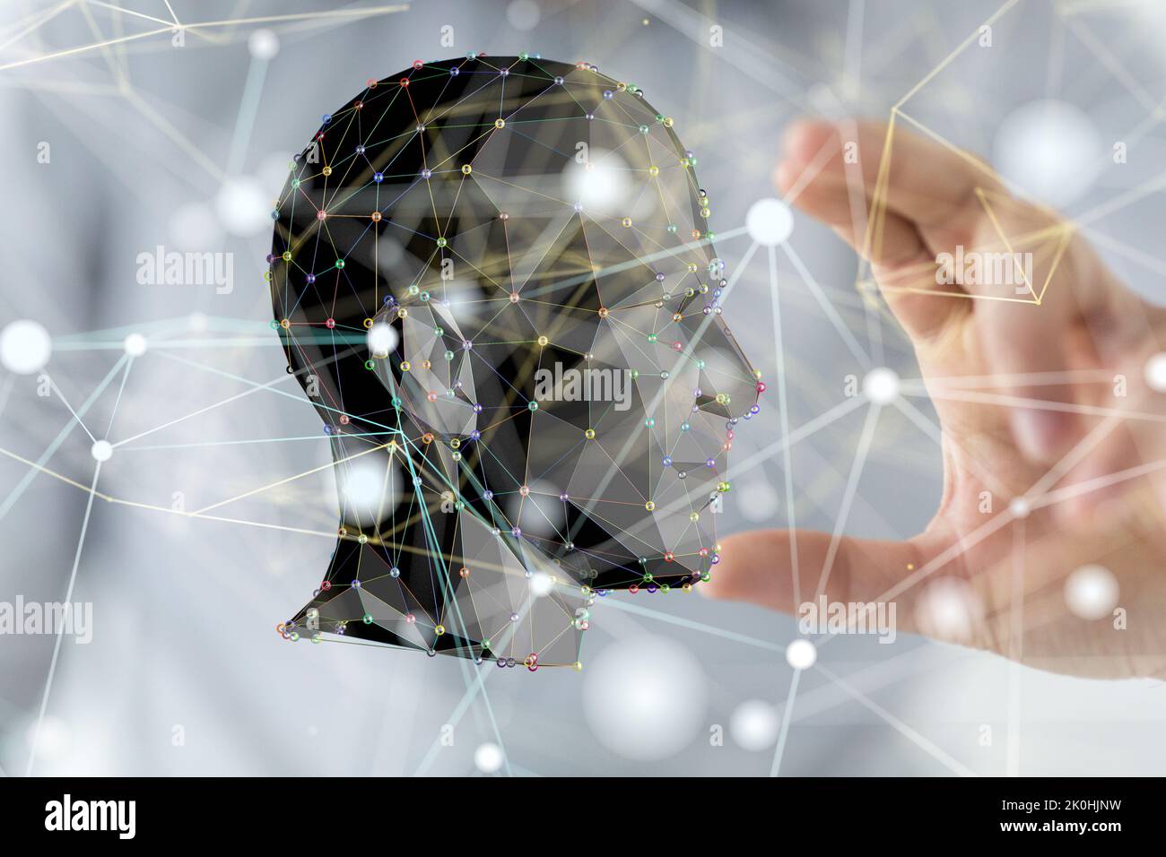 A triangular mesh of a human head demonstrated by a male Stock Photo ...
