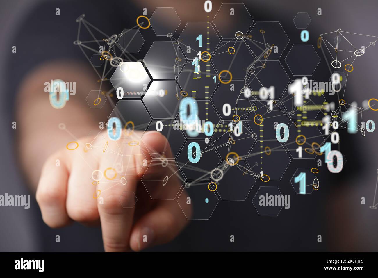 A finger pointing on a 3d floating binary code - a concept of cybersecurity Stock Photo - Alamy
