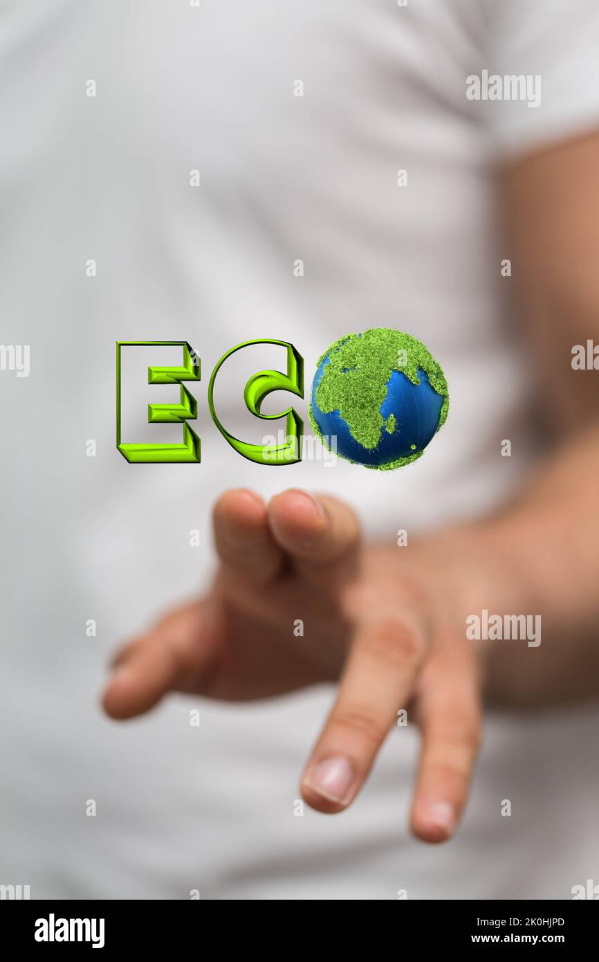 A vertical shot of a person pointing to an illustrative ECO sign with a ...