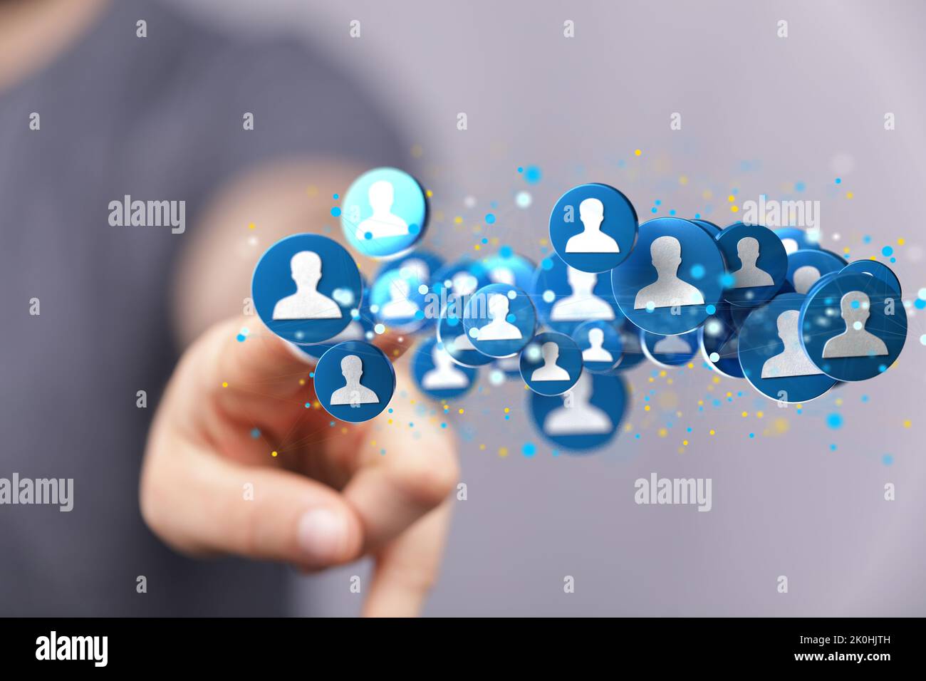 A closeup shot of a person touching an illustrative networking symbol ...