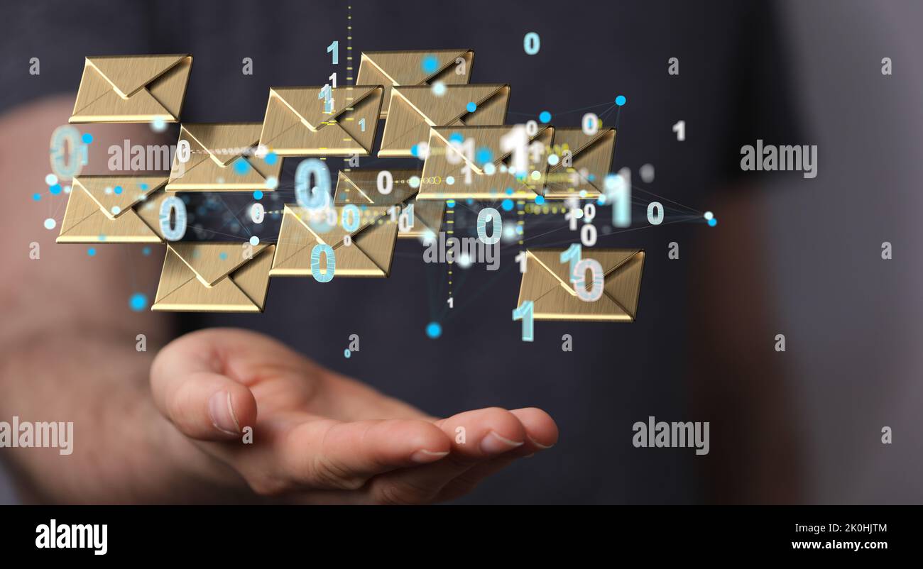 The hovering envelopes with binary numbers above the hand Stock Photo ...